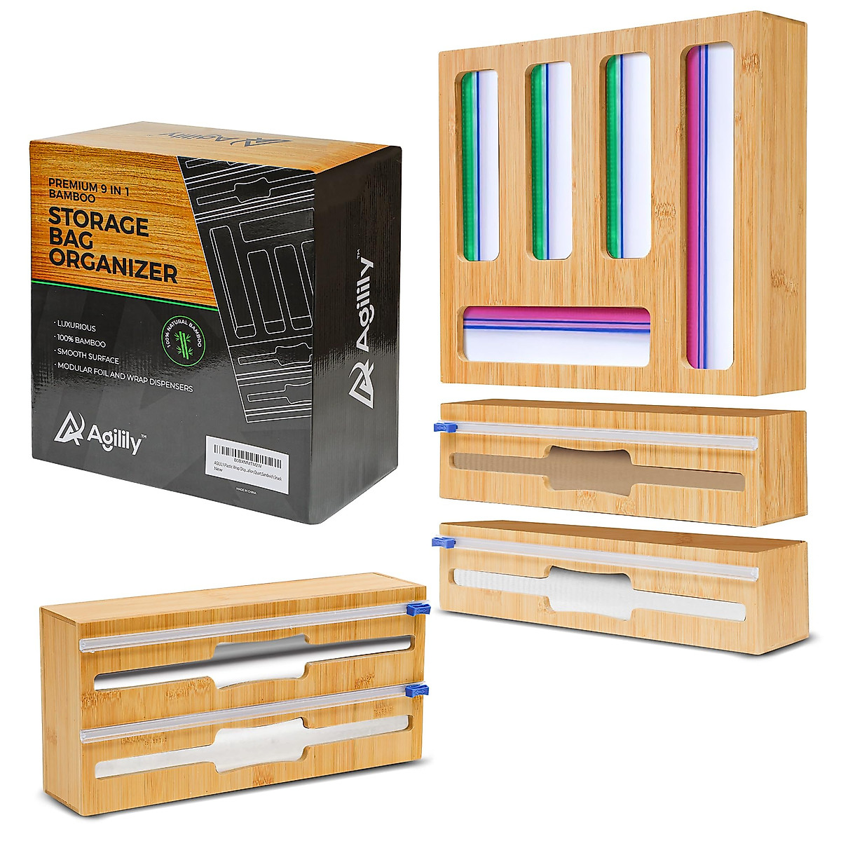 AGILILY 9 IN 1 Bamboo Storage Bag Organizer for Kitchen Drawer, Plastic Wrap and Foil Dispenser with Cutter, Compatible with Gallon, Quart, Sandwich and Snack Variety Size Bags (Natural, 3.5” High)