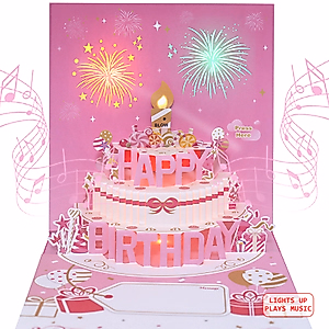 DTESL Musical Birthday Cards with Light and Music, Blowable, 3D Birthday Popup Cards for Men & Women– Plays Hit Song 'HAPPY Birthday' (pink)