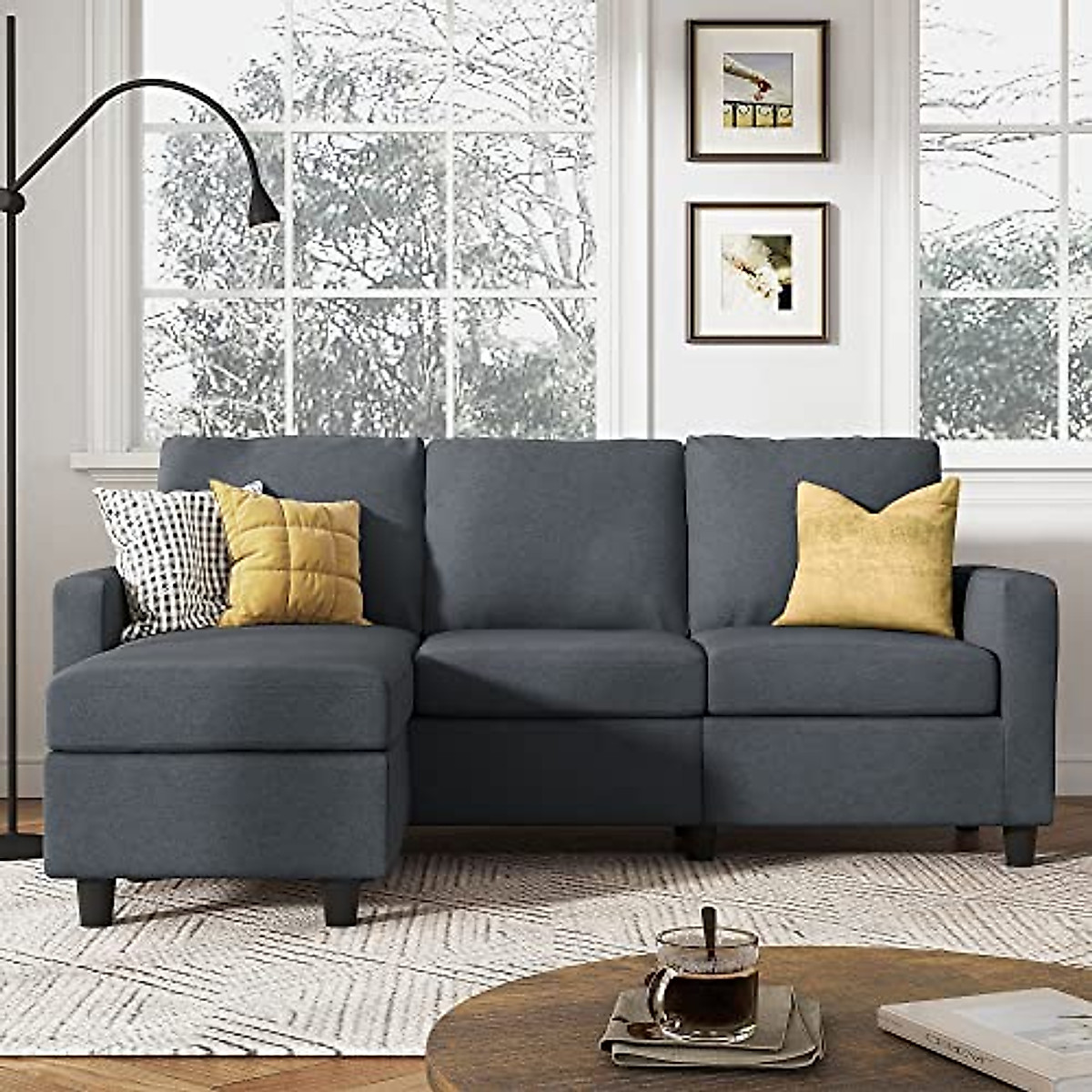 HONBAY Convertible Sectional Sofa, L Shaped Couch with Reversible Chaise, Sectional Sofa Couch for Small Space, Dark Grey