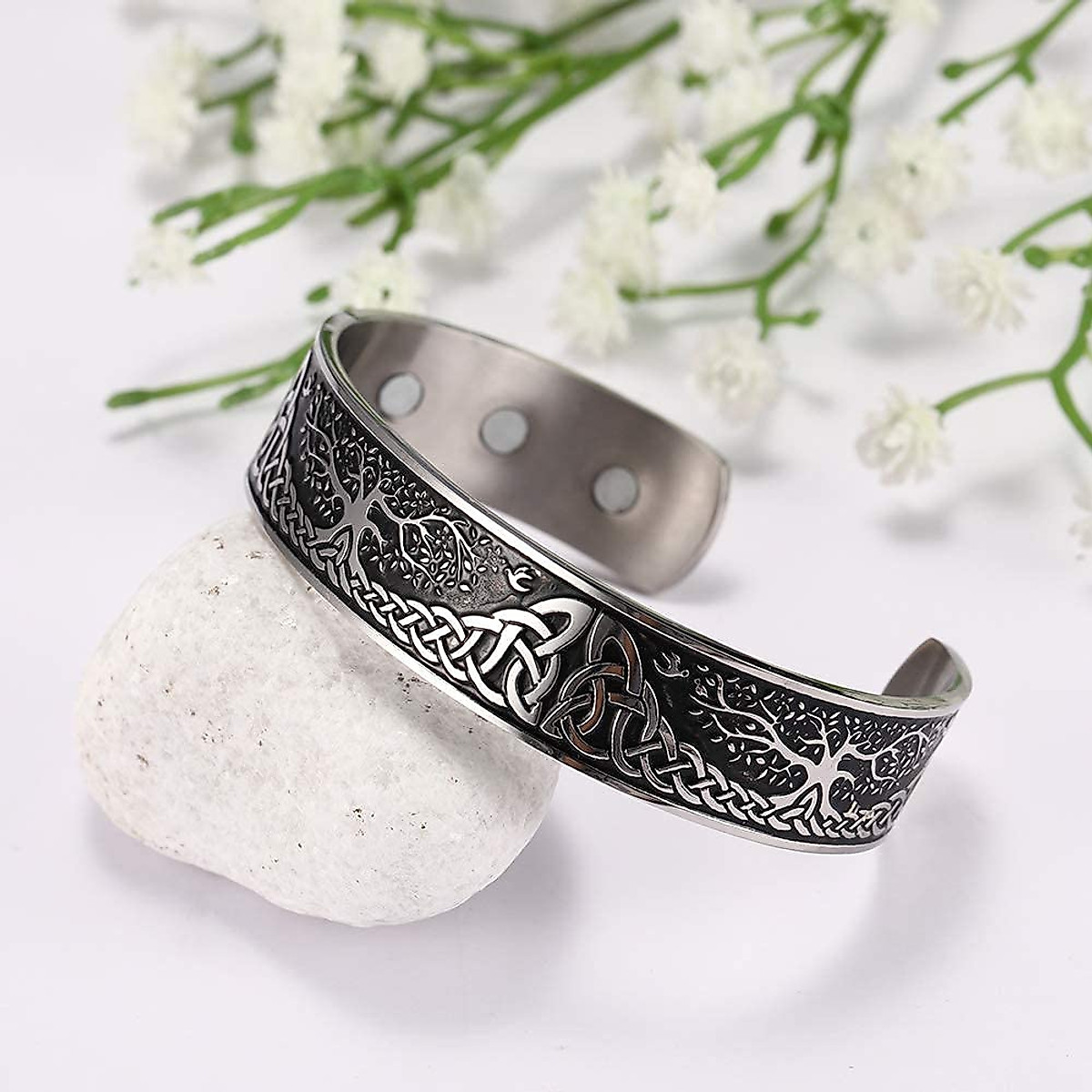 LUSSO Stainless Steel Bracelet Yggdrasil World Tree of Life Bracelet Viking Celtic Knot Cuff Bangle for Women Men (Vintage Silver)