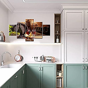 Fu-Keivy Wine Wall Art Decor for Kitchen Dining Room Grapes Fruit Canvas Wine Bottle Pictures 5 Piece Paintings Modern Artwork Decorations Cellar with Barrel and Glass Wooden Framed