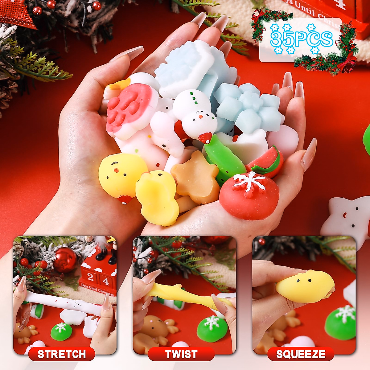 YEAH homemate 35PCS Christmas Mochi Squishy Toys, Christmas Stocking Stuffers for Kids, Squishies Party Favors Gifts Stress Reliever Toys, Treasure Box Toys for Prizes Goodie Bag Stuffers