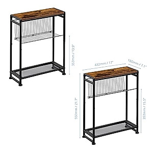 Small Side Table for Small Spaces - Slim End Table with Magazine Holder - 2 in 1 Design Narrow End Table Living Room - Skinny Bedside Table Nightstand Bedroom Thin Side Table, Rustic Brown