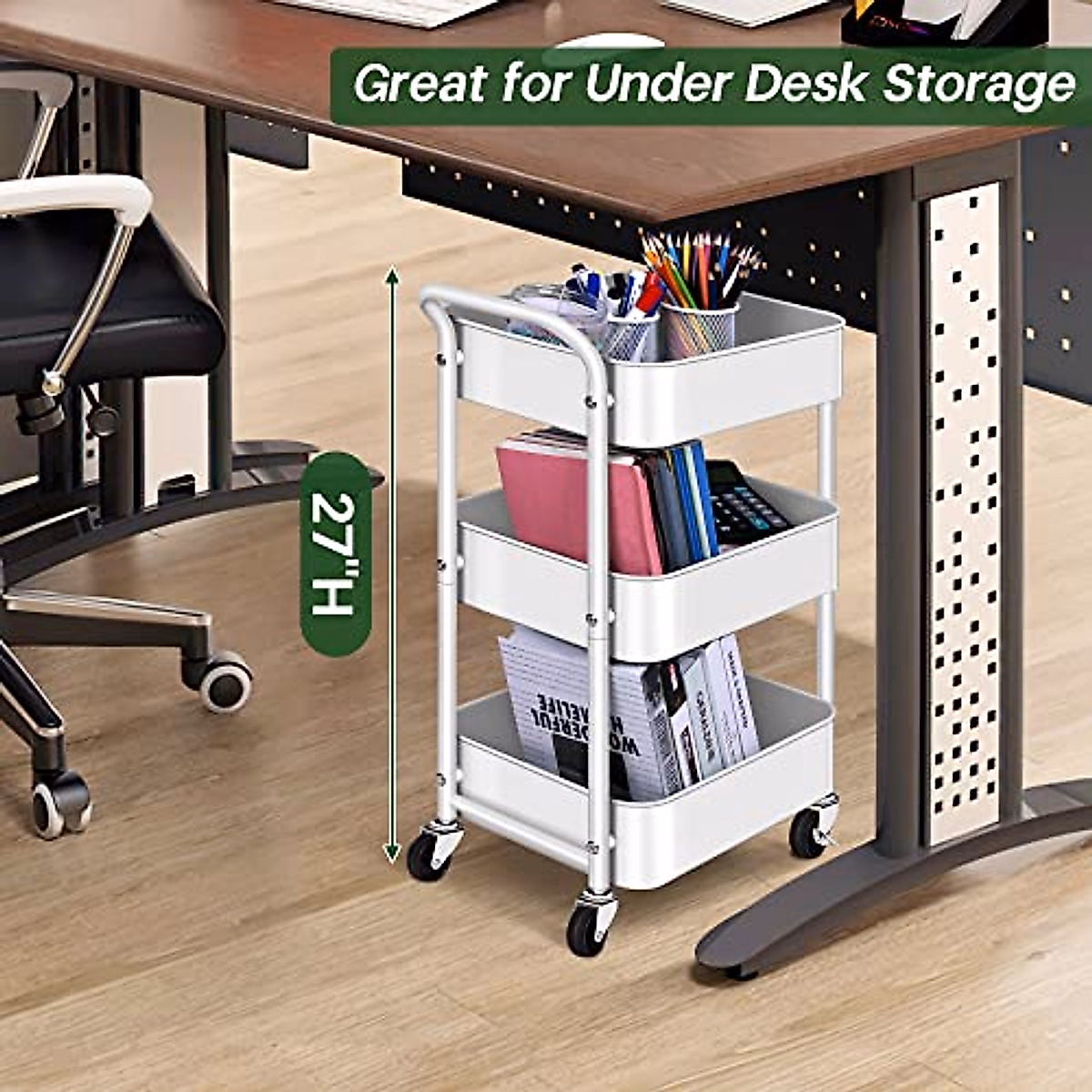 AOODA 3 Tier Under Desk Metal Rolling Cart with Handle and Lockable Wheels, 27'' Height Small Book Cart Mobile Art Cart Rolling Storage Organizer for Office, Bathroom, Kitchen, Nursery (White)