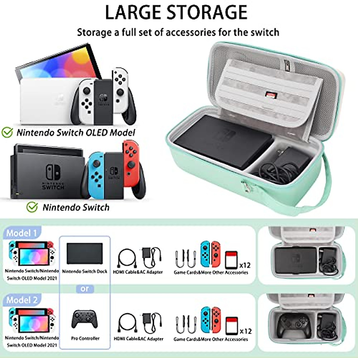 Green Cat Paw Carrying Storage Case for Nintendo Switch/Switch OLED Model, Portable Travel All Protective Hard Messenger Bag Soft Lining for Switch Console, Pro Controller, Accessories.