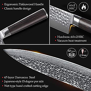 XINZUO 7PC Damascus Steel Kitchen Knife Set with Acacia Wood Block,Multifunctional Kitchen Scissors,Professional Sharp Chef Knife Forged Vegetable Knife with Pakkawood Handle- He Series