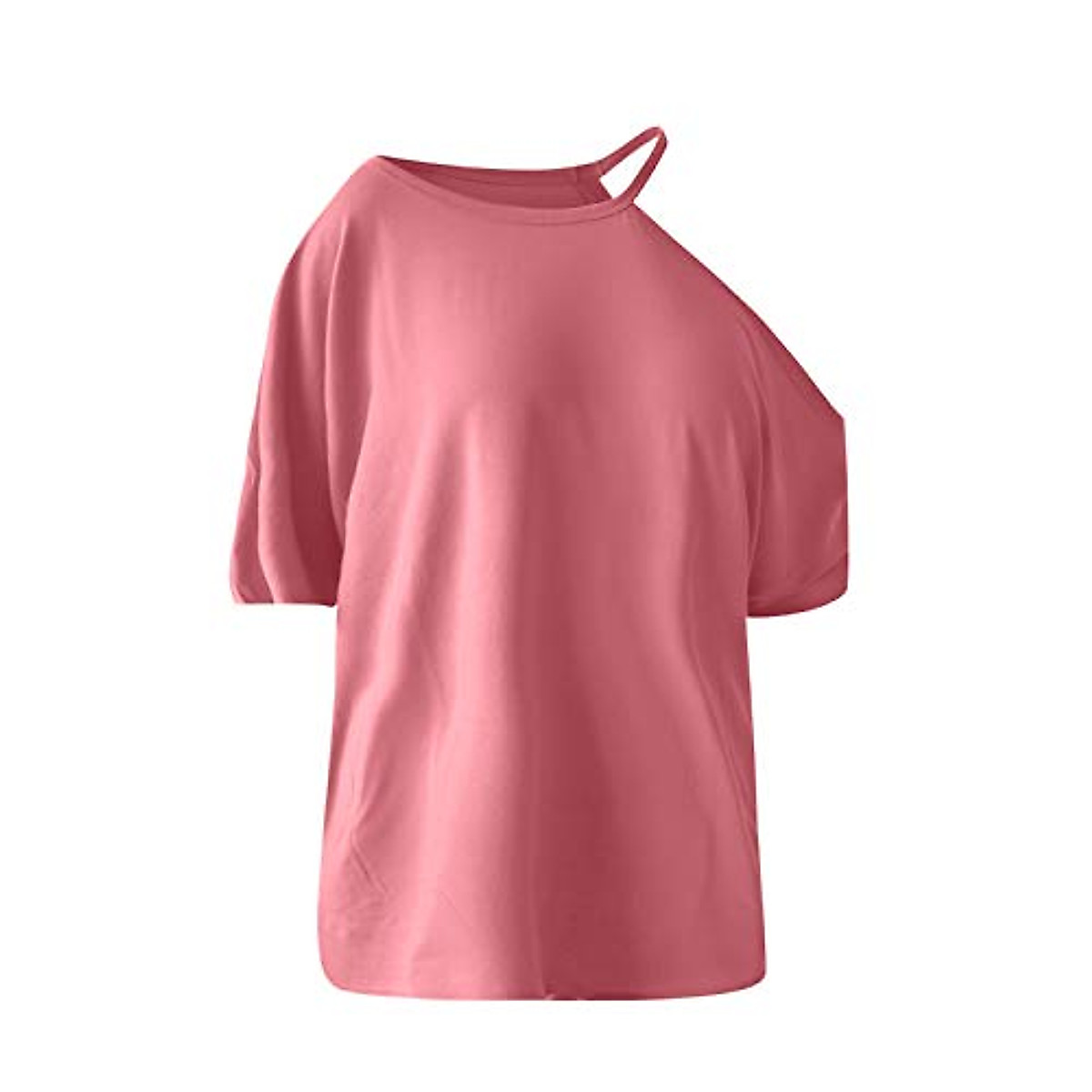 Women's Summer Fashion O-Neck Strapless Solid Short Sleeve Shirts Tops Loose T Shirt(Pink, M)