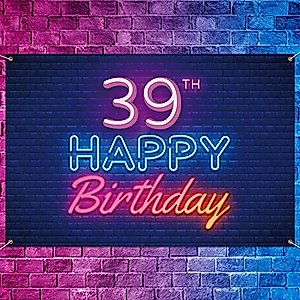 Glow Neon Happy 39th Birthday Backdrop Banner Decor Black – Colorful Glowing 39 Years Old Birthday Party Theme Decorations for Men Women Supplies