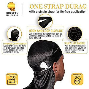 Royalty Headwear One Strap Silky Durag for Men - Premium Quality with Hook and Loop Closure Black Durag for Men 360, 540, 720 Waves