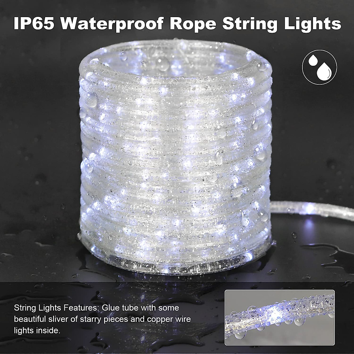 Speclux Solar Rope String Lights, 33ft 200LED Solid Tube Fairy String Lights, Waterproof Outdoor Starry Lights with 8 Lighting Modes for Patio, Garden, Gate, Yard, Party, Home Decoration(Cool White)