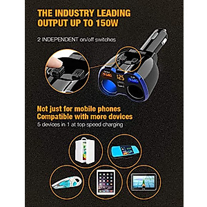 Car Charger, 150W 2-Socket Cigarette Lighter Splitter QC 3.0 Dual USB Ports 1 USB C Fast Car Adapter with Separate Switch LED Voltmeter Replaceable 15A Fuse for GPS/Dash Cam/Phone/iPad
