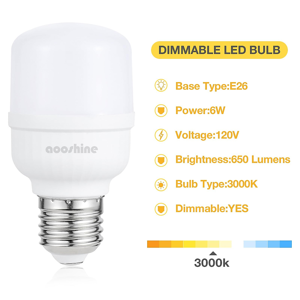 aooshine Q50 Dimmable LED Light Bulb - 3000K Warm White LED Light Bulb, Standard E26 Base, 1 Pack, 650 Lumens, 120Volts 6Watts LED Lighting Bulbs for Lamp