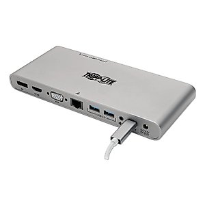 Tripp Lite USB C Docking Station w/ USB-A Hub, USB Type C, HDMI, VGA, DP, Gbe Gigabit Ethernet PD Charging 4K@ 30Hz, Portable, Thunderbolt 3 Silver (U442-DOCK4-S)