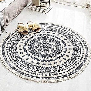 Poowe Round Cotton Rug Woven Tassel Throw Rug Washable Area Rug for Living Room Bedroom Kitchen Bathroom (Vintage)
