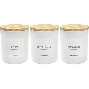 Ezebesta 3PCS Farmhouse 13.53oz White Bathroom Canisters with 12 Labels & Wooden Lid Thick Glass Jar Set Qtip Holder for Cotton Ball & Pads Storage Organization Minimalist Decor