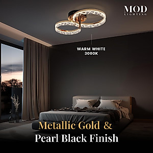 𝗠𝗢𝗗 𝗟𝗜𝗚𝗛𝗧𝗜𝗡𝗚 Clara | Modern Flush Mount Ceiling Light Fixture, 2 Rings LED Ceiling Light for Kitchen, Bedroom & Hallway, Close to Ceiling Lights (Gold & Pearl Black | 14"x22" | Warm White)