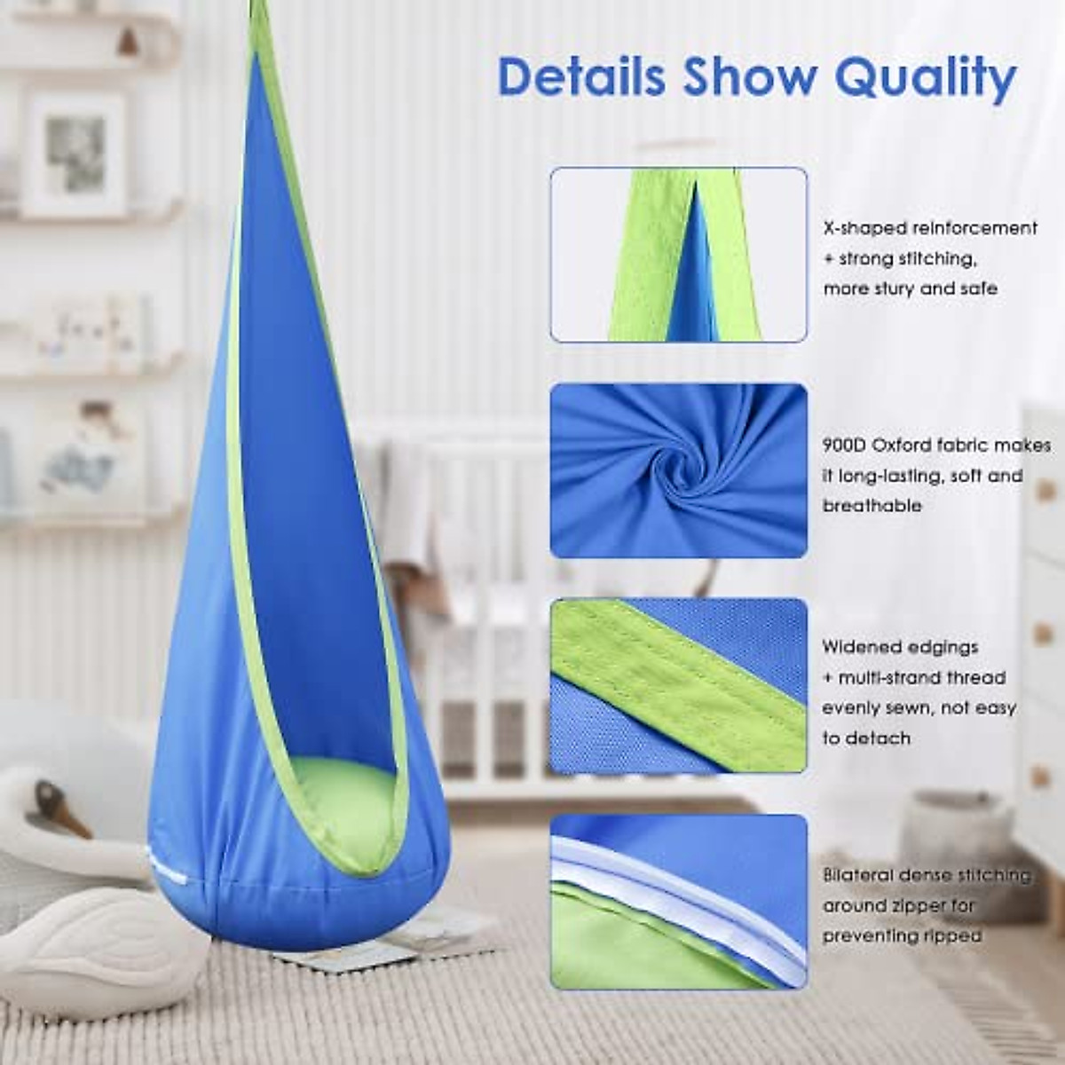 HITIK Kids Pod Swing Seat Holds Up to 300 LBS, Indoor Swing for Kids Hanging Hammock Chair with Upgraded Inflatable Cushion & All Accessories, Sensory Swing for Kids Indoor and Outdoor Use (Blue)