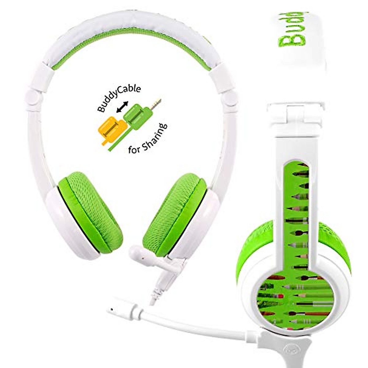 ONANOFF BuddyPhones School+ Safe Audio School Headphones for Kids, High-Performance BeamMic, Detachable BuddyCable, Anti-Allergic Earpad with Carry Bag, Green