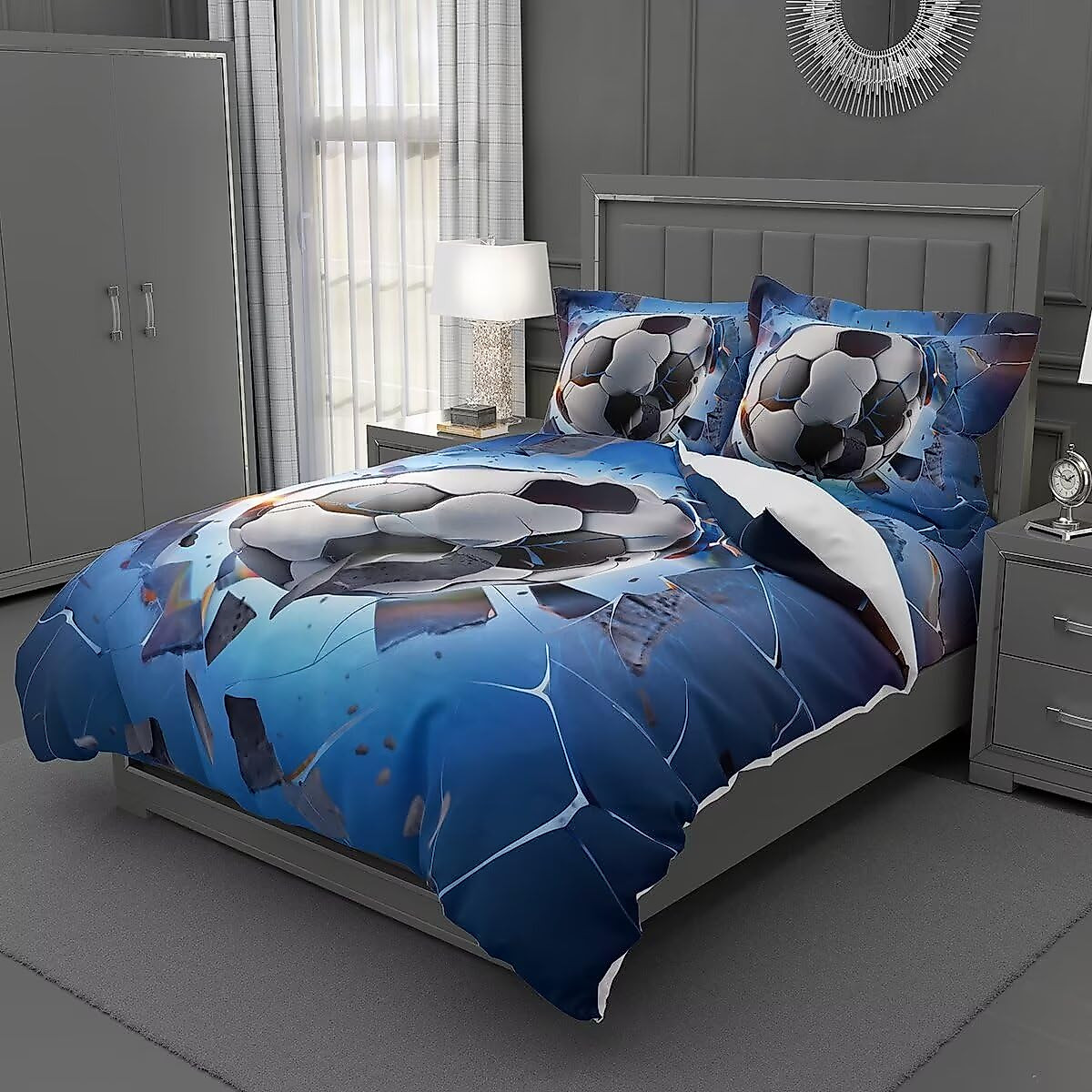 Lokaluo Football Duvet Cover Twin Size 3D Printed Sports Soccer Twin Duvet Cover Set Sports Theme Football Ball Cullet Bedding Set Bedroom Decor All Season 3 Pcs Comforter Cover with 2 Pillowcases