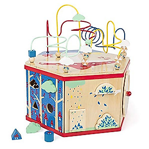 Wooden Activity Cube XL Size by Small Foot – Classic 7-Sided Interactive Toy with Bead Maze, Puzzle, Shape Sorter, Clock & Wheels - Develops Kids Dexterity, Motor Skills – Age 12+ months
