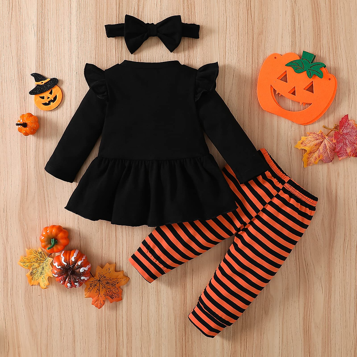 Noubeau My 1st Halloween Baby Girl Outfits Ruffle Pumpkin Print Tunic Drees Shirt Stripe Pants Legging Fall Winter Clothes（Black- A,6-12 Months）