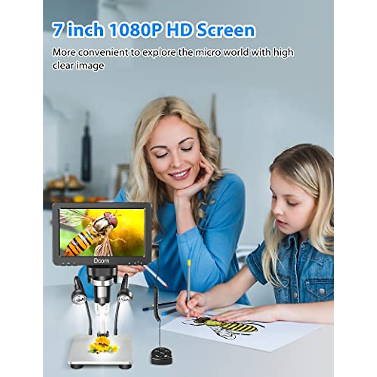 7'' Digital Microscope 1200X,Dcorn 12MP 1080P Photo/Video Microscope with 32GB TF Card for Adults Soldering Coins,Metal Stand,Wired Remote,10 LED Fill Lights,PC View,Windows/Mac Compatible
