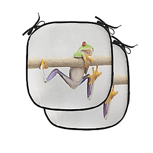 Lunarable Animal Chair Cushion Pads Set of 2, Funny Red Eyed Frog Hanging on The Tree Branch Wild Life Nature Animal Art, Anti-Slip Seat Padding for Kitchen & Patio, 16"x16", Cream Purple Green