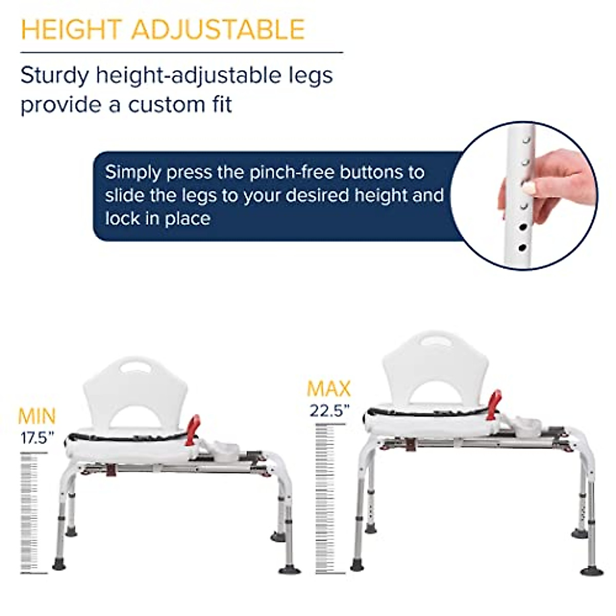 Drive Medical RTL12075 Adjustable Height Sliding Bathtub Transfer Bench Shower Chair with Armrests and Seatbelt, 300 Pound Weight Capacity, White