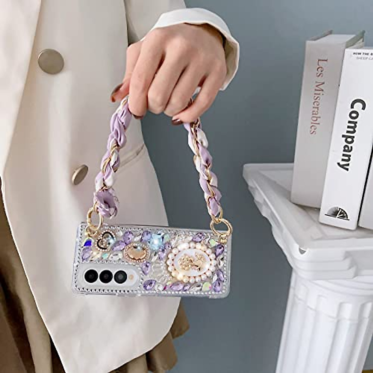 Omio for Samsung Galaxy Z Fold 3 Bling Case with Hand Chain Wrist Strap Bracelet Silk Scarf for Girls Women Sparkle Rhinestone Pearl Crystal Glitter Diamond Shockproof Cover for Galaxy Z Fold 3 Purple