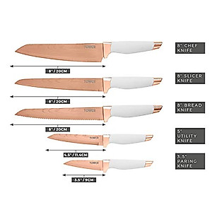 TOWER Damascus Effect Kitchen Knife Set with Stainless Steel Blades and Acrylic Stand, 5 Piece, Rose Gold/White
