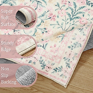 Morebes 5x7 Rug for Living Room Non Slip, Washable Light Pink Rugs for Bedroom Girls, Soft Low-Pile Boho Nursery Rug Indoor Floral Print Throw Carpet for Bedside,Pink&Green/Multi