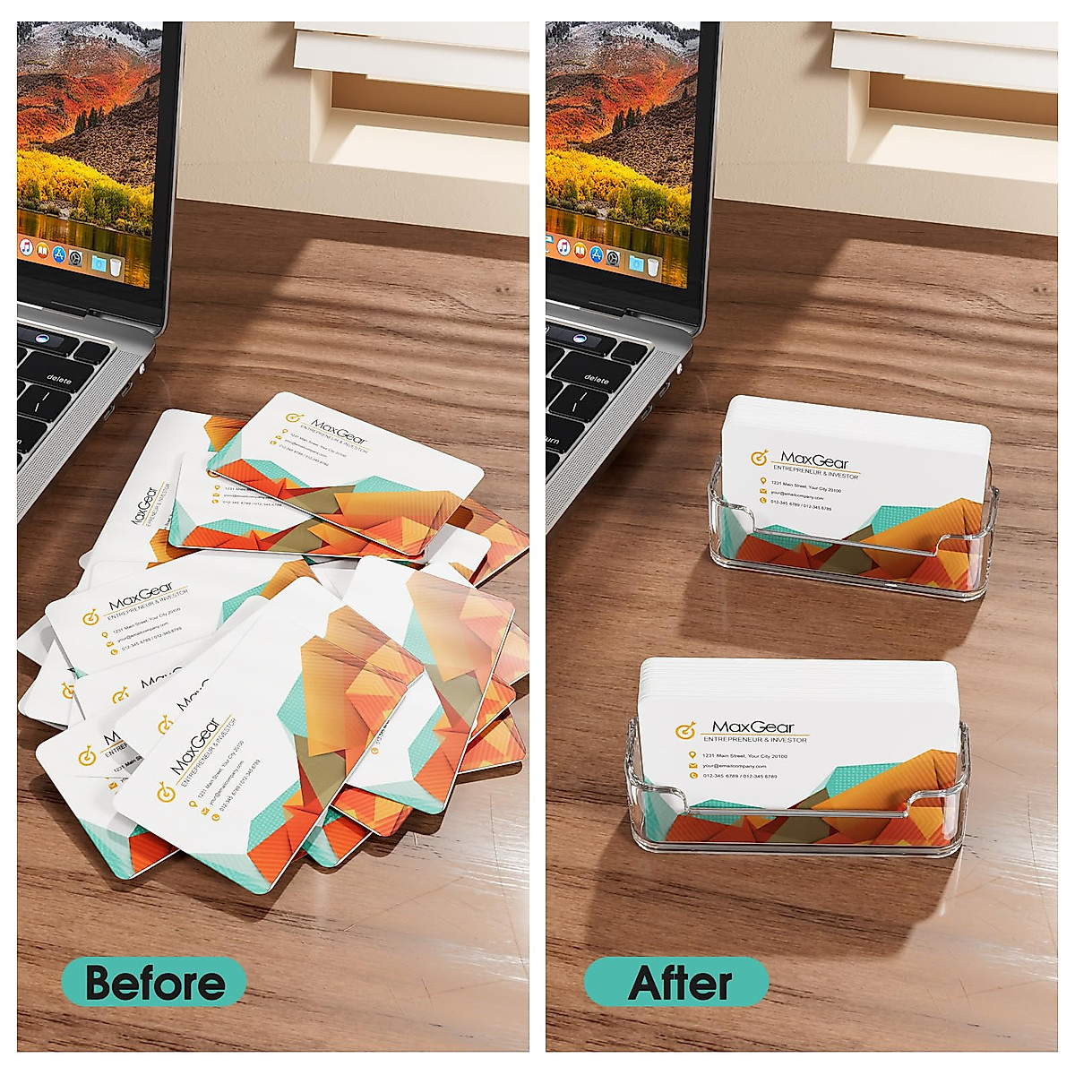 MaxGear Acrylic Business Card Holder for Desk Plastic Business Card Display Clear Business Card Stand Desktop Business Card Holders for Home & Office, 3.82 x 1.80 x 1.43 inches, 3 Pack