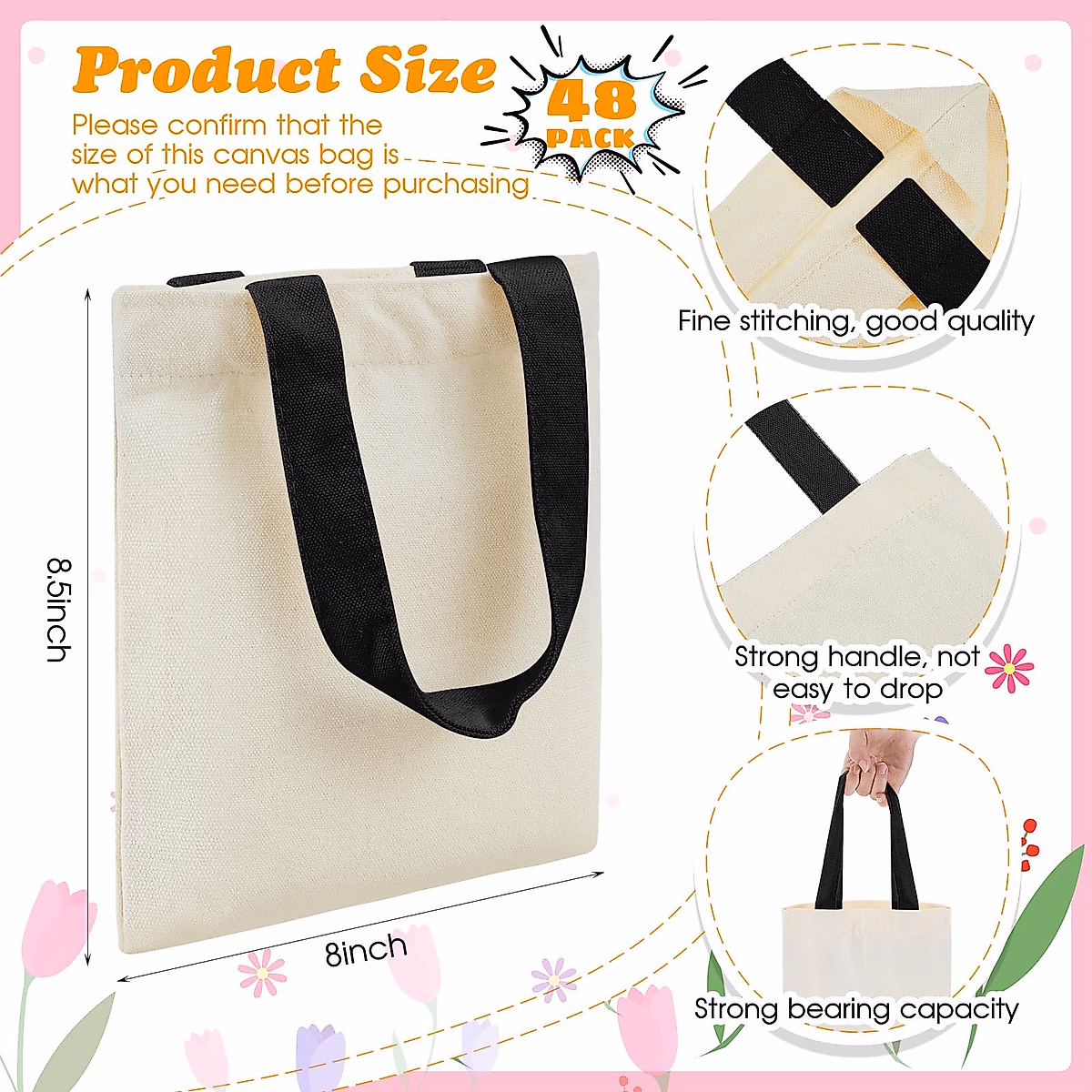 Amylove 24 Pcs Mini Tote Bag Sublimation Blank Canvas Tote Bags Reusable Grocery Luggage DIY Sack Goody for Party Even (8.5 x 8 Inch,Beige with Black Handle)