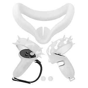 MASiKEN Controller Grips Cover with Face Cover for Meta Oculus Quest 2, Anti-Throw Grips Spike Cover with Adjustable Wrist Strap and Sweatproof Silicone Face Pad, Quest 2 Accessories Kit (White)