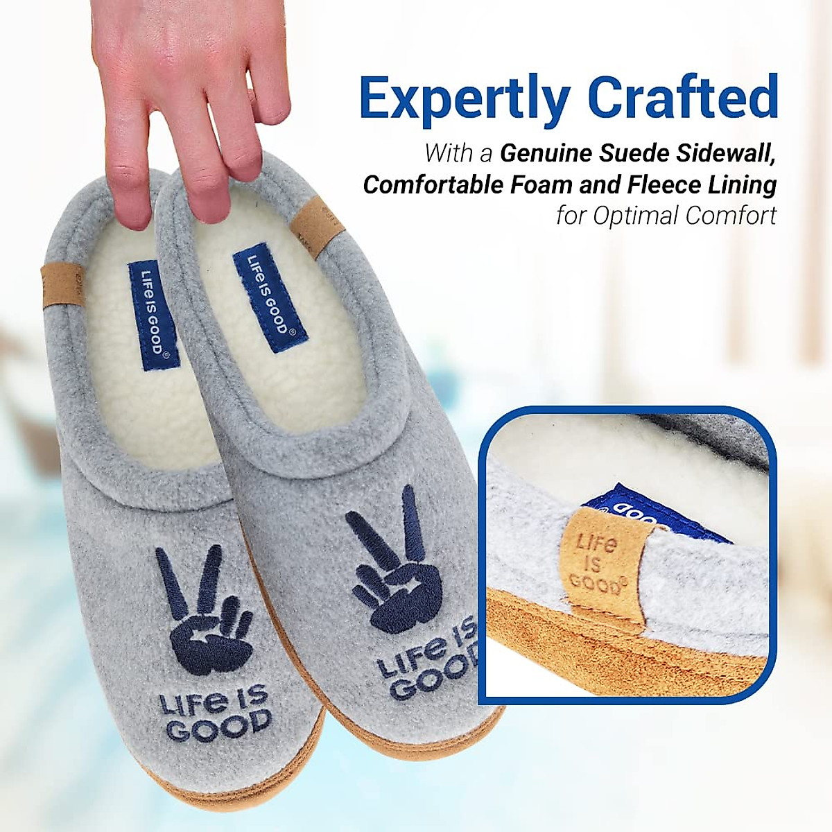 Life is Good Men's Open Back Fleece Slipper, 303593M - Suede & Fleece Indoor/Outdoor Plush & Cozy with Soft Foam & Rubber Sole Slippers, Dark Brown - Positive State, 10