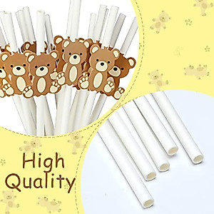 Skyley 100 Pcs Bear Paper Straws Little Cutie Straws Snowflake Disposable Drinking Paper Straws for Little Cutie Baby Shower White Brown
