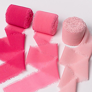 Sifleur Chiffon Ribbon, Hot Pink Pastel Pink 1.5''x21Yd Frayed Fringe Silk Ribbon for Gift Wrapping, Handmade Ribbons for Floral Vase, Halloween, Wedding, Birthday, Engagement, Bridal Shower, 3 Rolls
