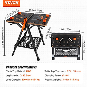 VEVOR Folding Work Table, 2-in-1 as Sawhorse & Workbench, 1000 lbs Capacity, 7 Adjustable Heights, Steel Legs, Portable Foldable Tool Stand with Wood Clamp, 4 Bench Dogs, 2 Hooks, Easy Garage Storage