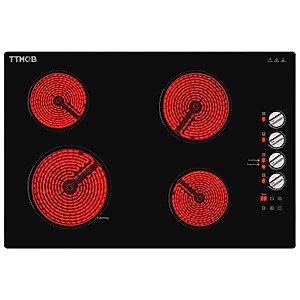 TTHOB Electric Cooktop 30 Inch, 4 Burners Electric Stove Top 220-240V 6600W Built-in Radiant Expand Outer Heating Rings, Timer, Child Lock, Residual Heat Indicator, Knob Control, Hard Wired, No Plug