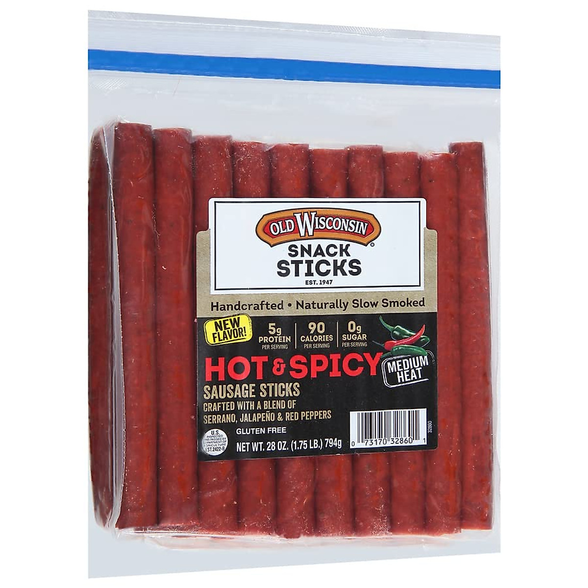 Old Wisconsin Hot & Spicy Sausage Snack Sticks, 28oz Resealable Package, Naturally Smoked, Ready to Eat, High Protein, Low Carb, Keto, Gluten Free