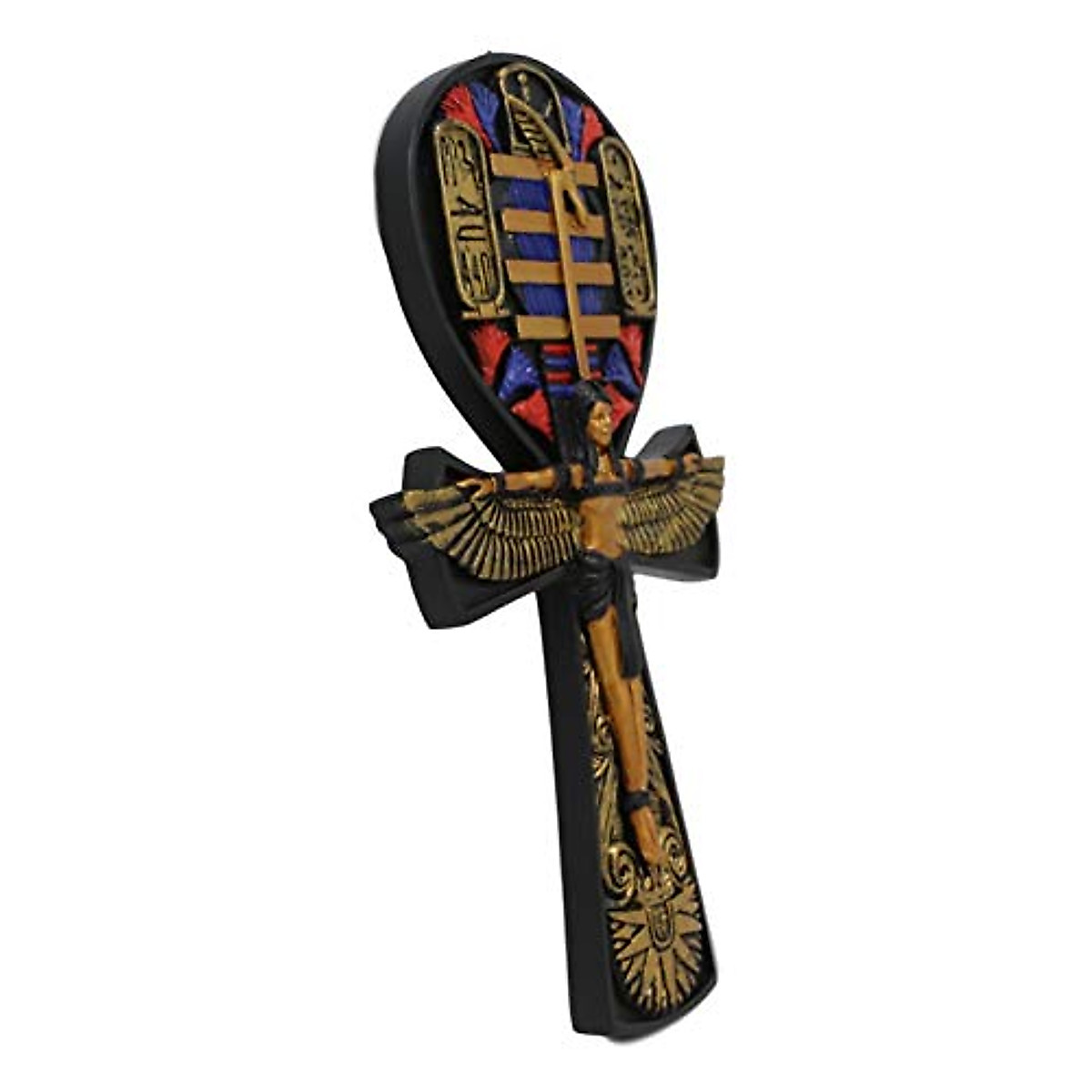 Ebros Crux Ansata Egyptian Ankh Of Isis With Open Wings And Cartouche Hieroglyphs Wall Decor Accent 3D Plaque Figurine 7.5" High Symbol of Life And Balance Gods Of Egypt (Colorful Black And Gold)