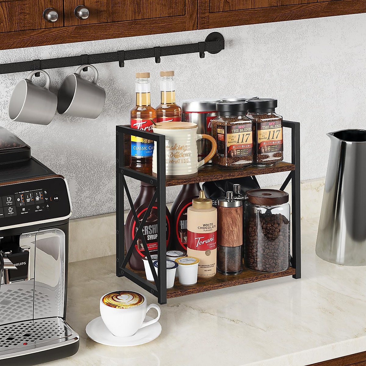 YINMIT Coffee Bar Accessories Organizer, Spice Rack Organizer, Wooden Kitchen Counter Shelf, 2 Tier Coffee Organizer Station for Countertop, Coffee Condiment Rack for Mugs, Cups, Cream, Syrup (Medium)