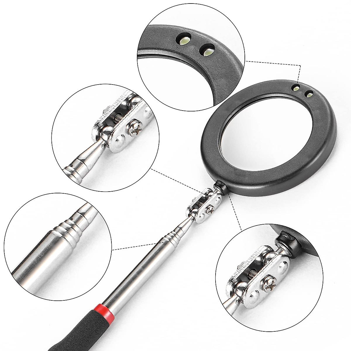 KABUDA 4PCS Telescoping Inspection Mirror LED Lighted Inspection Mirror for Mechanic Checking Vehicle, Car, Eyelashes, Mouth, Small Parts Observation (Extendable, Rectangle & Round)