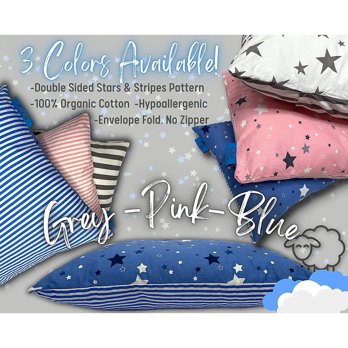 Tilly&Scotty Toddler Pillows-Stars & Stripes-14x19 Plush Filled Pillow-Super Soft Organic Cotton Pillowcase-Machine Washable Hypoallergenic-2-8 Year Old Children, Toddlers, Baby, Travel-Bedding