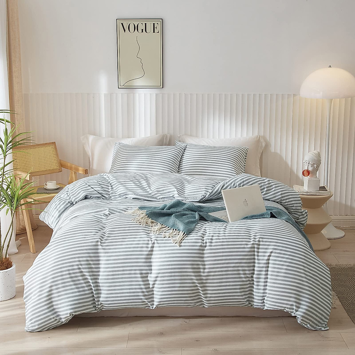 EAVD Duvet Cover Twin Grey Striped Duvet Cover Soft Microfiber Classic Striped Geometric Bedding Set with 2 Pillowcases Reversible Modern Grey Striped Comforter Cover with Zipper Closure