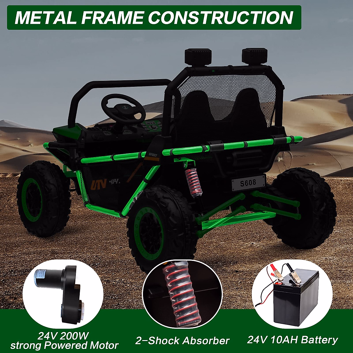 MOLACHI 24V 10AH Ride on Cars 2 Seater,Electric Cars Vehicles with 2x200W Powerful Motors,Metal Frame, Brake&Gas Pedal, EVA Tires, 3 Speed, Led Light, Bluetooth, 2 Spring Suspension(Green)