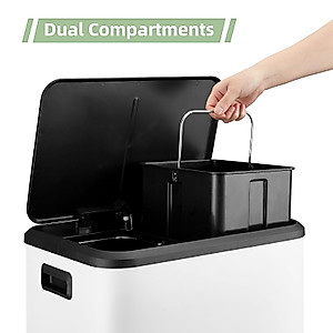 WELYFE 30 L/8 Gallon Trash Can, Rectangular Dual Compartment Recycling Step Bin, Stainless Steel Kitchen Trash Can, Removable Inner Box, Suitable for Kitchen, Office - White