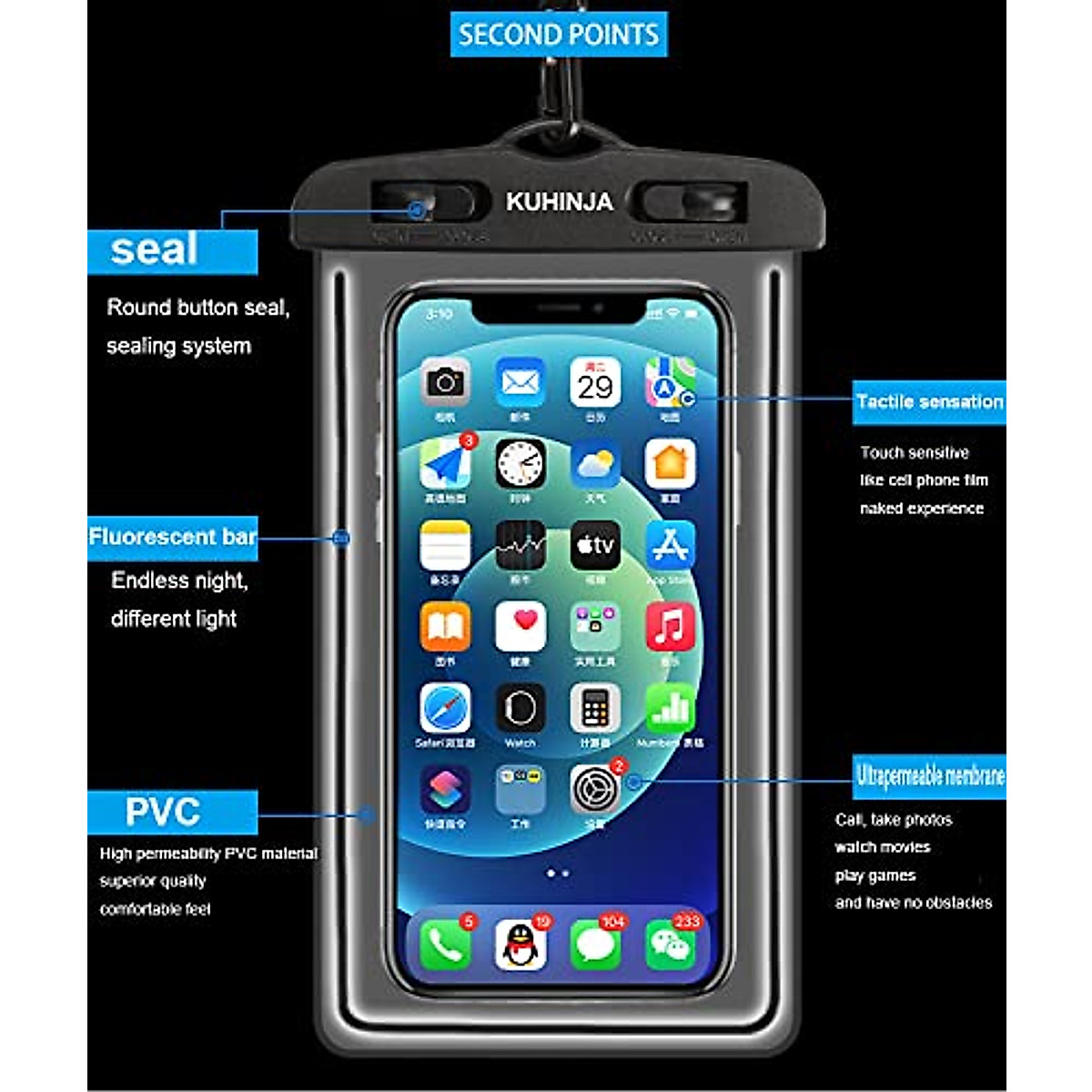 2-Pack Waterproof Phone Pouch, Universal Waterproof Phone Case, IPX8 Dry Bag Underwater with Lanyard for iPhone 13 12 11 Pro Max Samsung S21 S10 etc. up to 7.5 inch (Fluorescent Black)