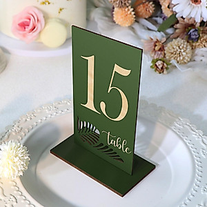 HZGUEOSTB Wooden Table Numbers 1-15,3.2x5.8 Inch Double Sided Rustic Olive Green Wedding Table Number Signs with Wooden Base,Wedding Centerpieces for Banquet Restaurant Party Decor(Olive Green, 1-15)