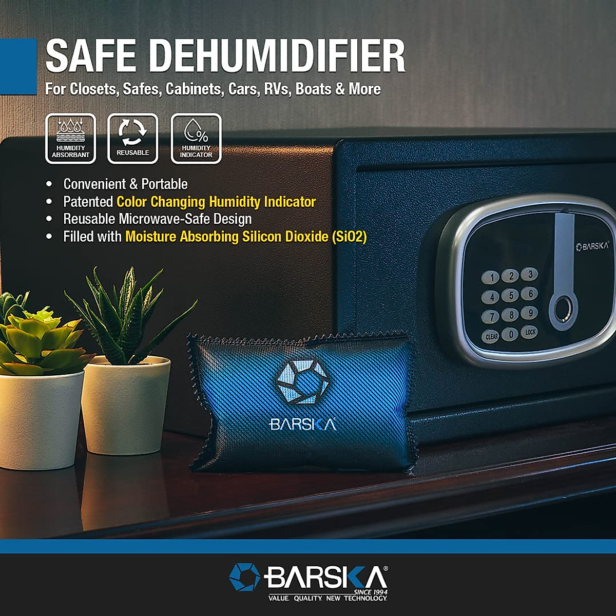 BARSKA Rechargeable Desiccant Dehumidifier - Safe Moisture Absorber for Home Closets, Gun Safes, Basement, Garage, Cars - Microwaveable - Portable Blue Dehumidifying Solution